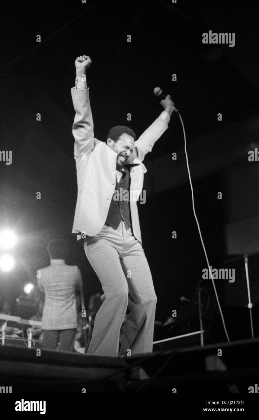 Marvin Gaye performing at the Bingley Hall, Birmingham, England in 1976 ...