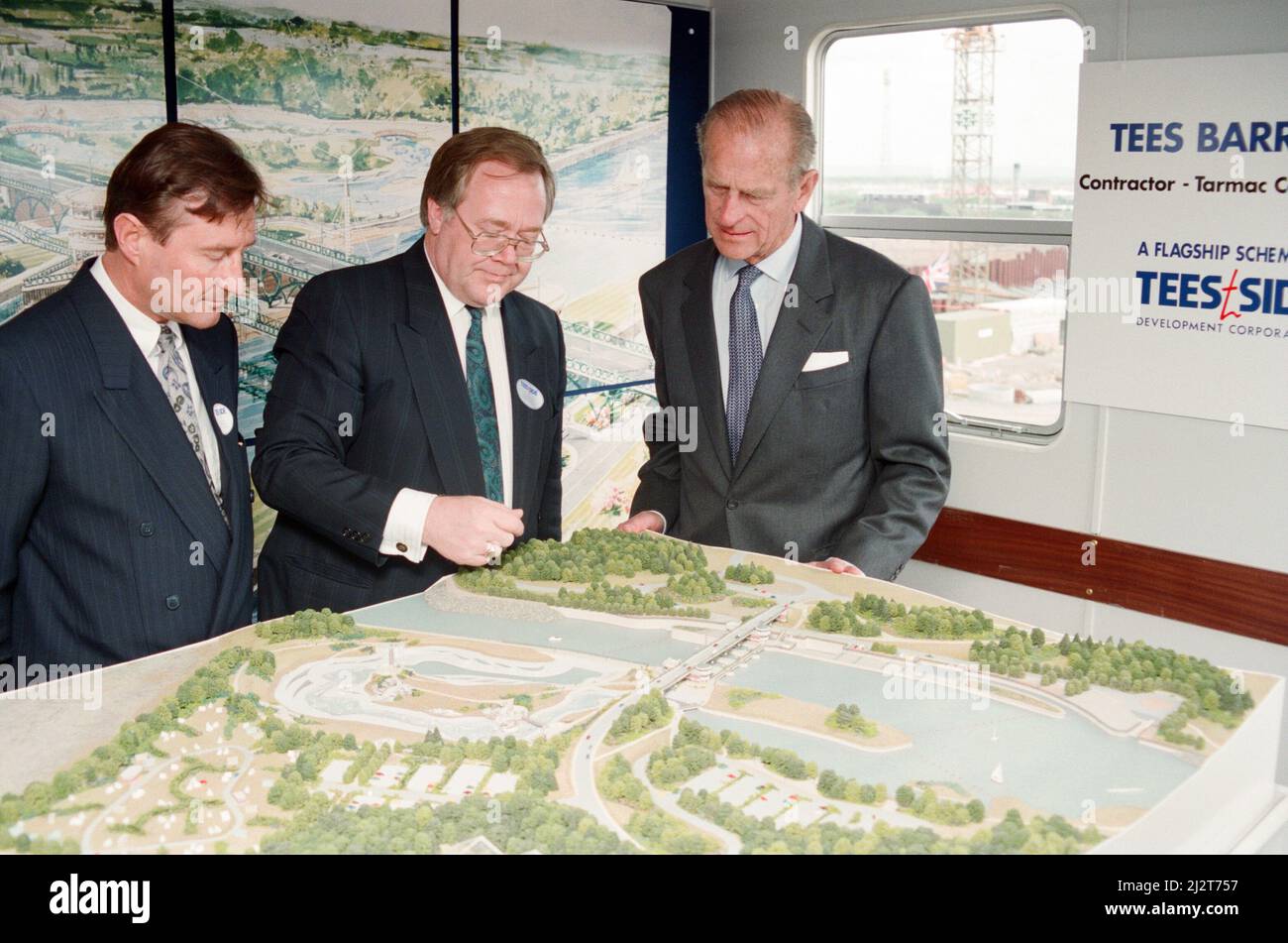 Prince Philip visiting Tees Barrage, looking at a model of Tees Barrage ...