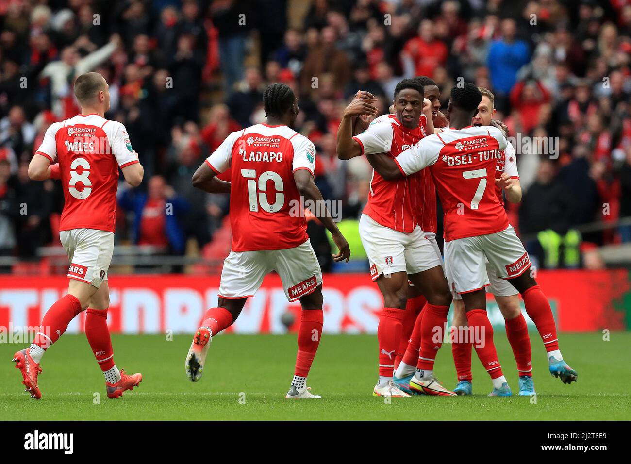 GOAL: Chiedozie Ogbene #11 of Rotherham United celebrates scoring with ...