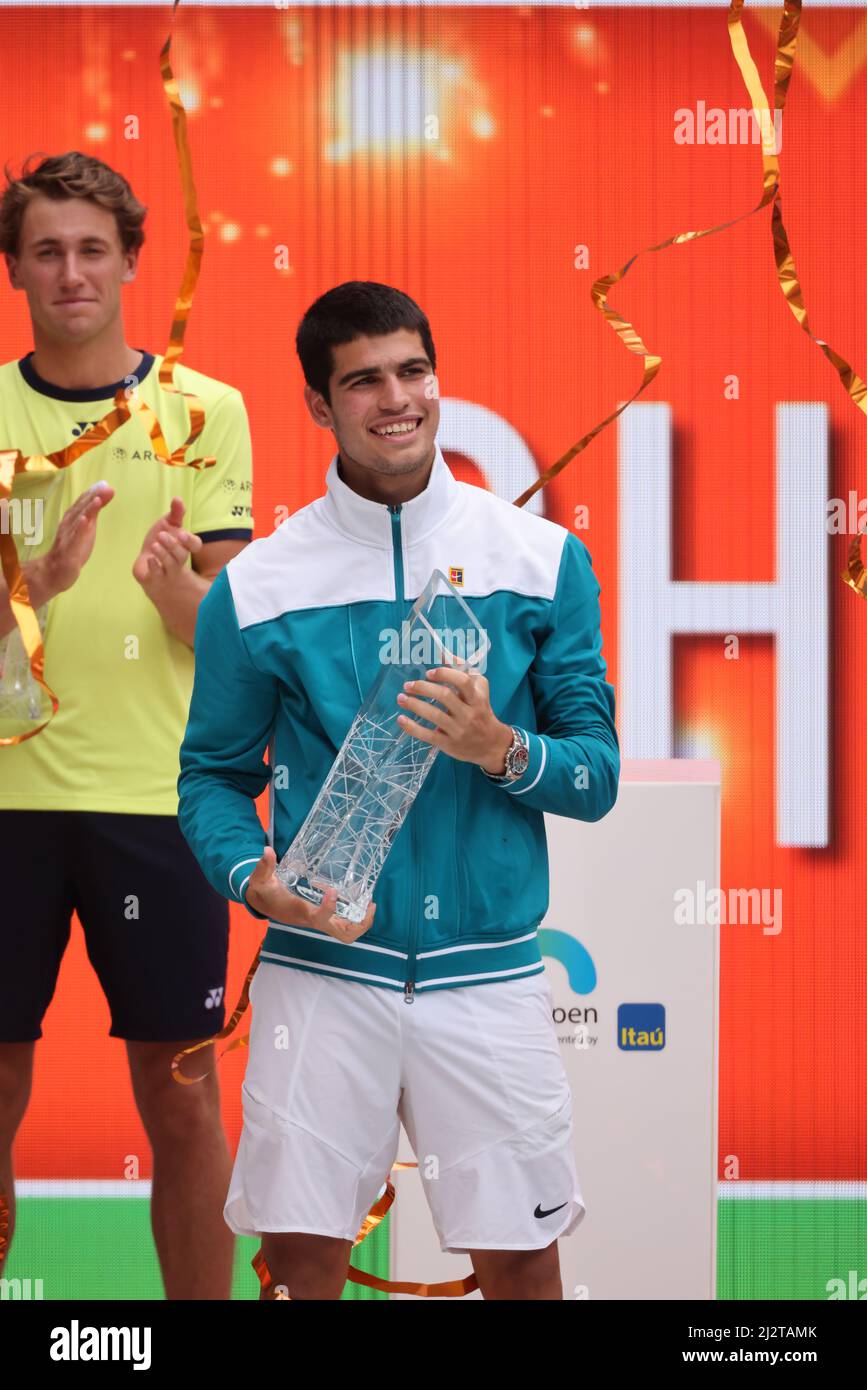 MIAMI GARDENS, FLORIDA - APRIL 03: Carlos Alcaraz of Spain poses with ...