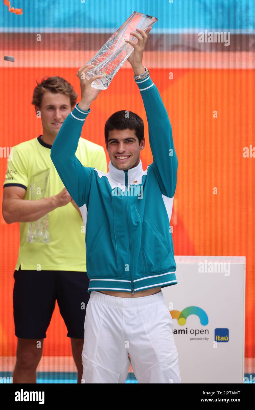 MIAMI GARDENS, FLORIDA - APRIL 03: Carlos Alcaraz of Spain poses with ...