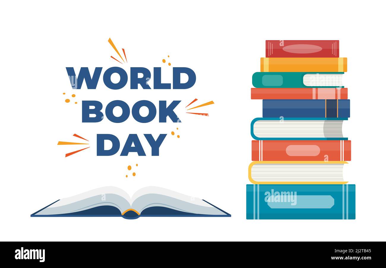 World book day. Stack of books and open book with glasses and cup ...