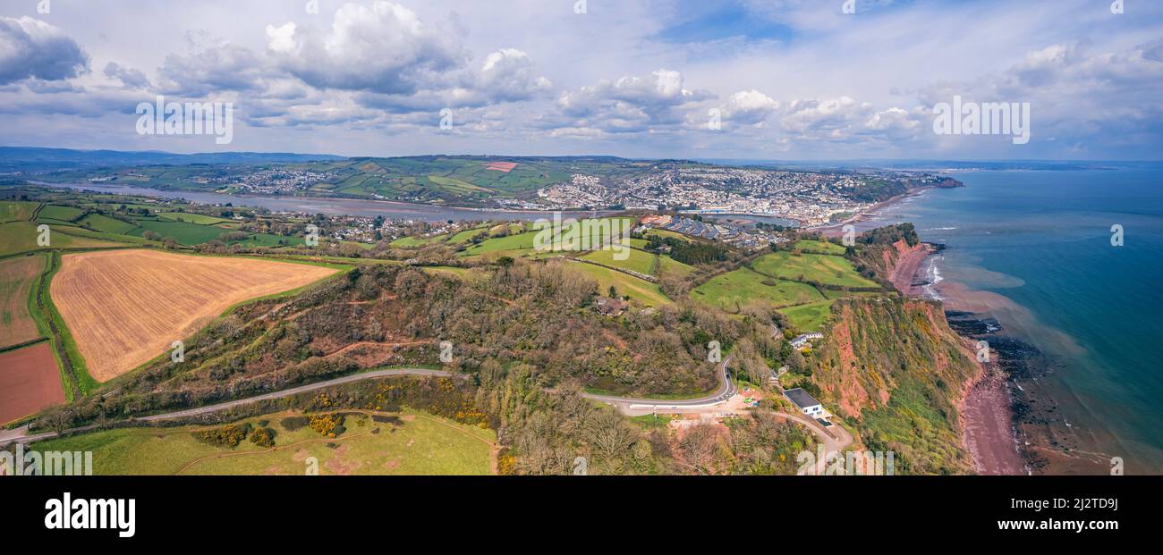 Panorama over Labrador Bay and Ness Cove Beach from a drone, Shaldon ...