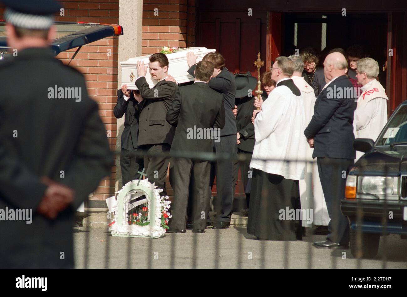 The funeral of James Bulger, Sacred Heart Church, Kirkby. The coffin ...