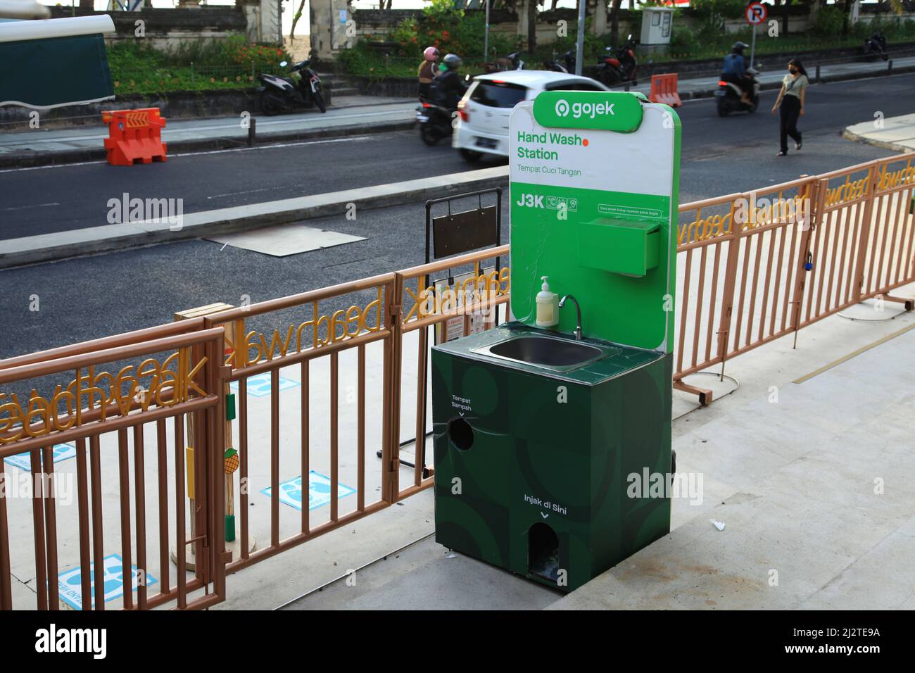 A Gojek stand for washing hands outside Beachwalk Shopping Center in ...