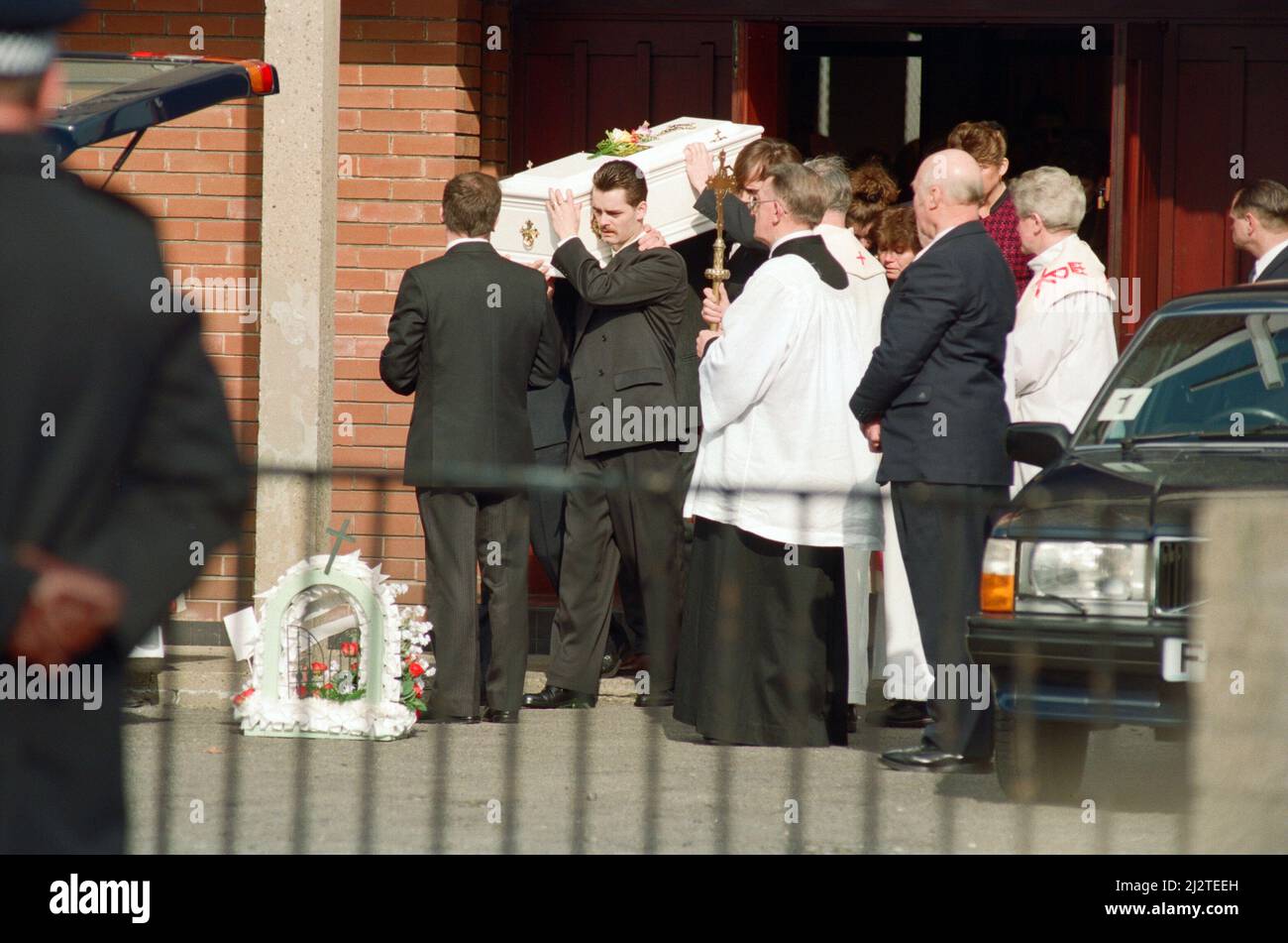 The funeral of James Bulger, Sacred Heart Church, Kirkby. The coffin ...