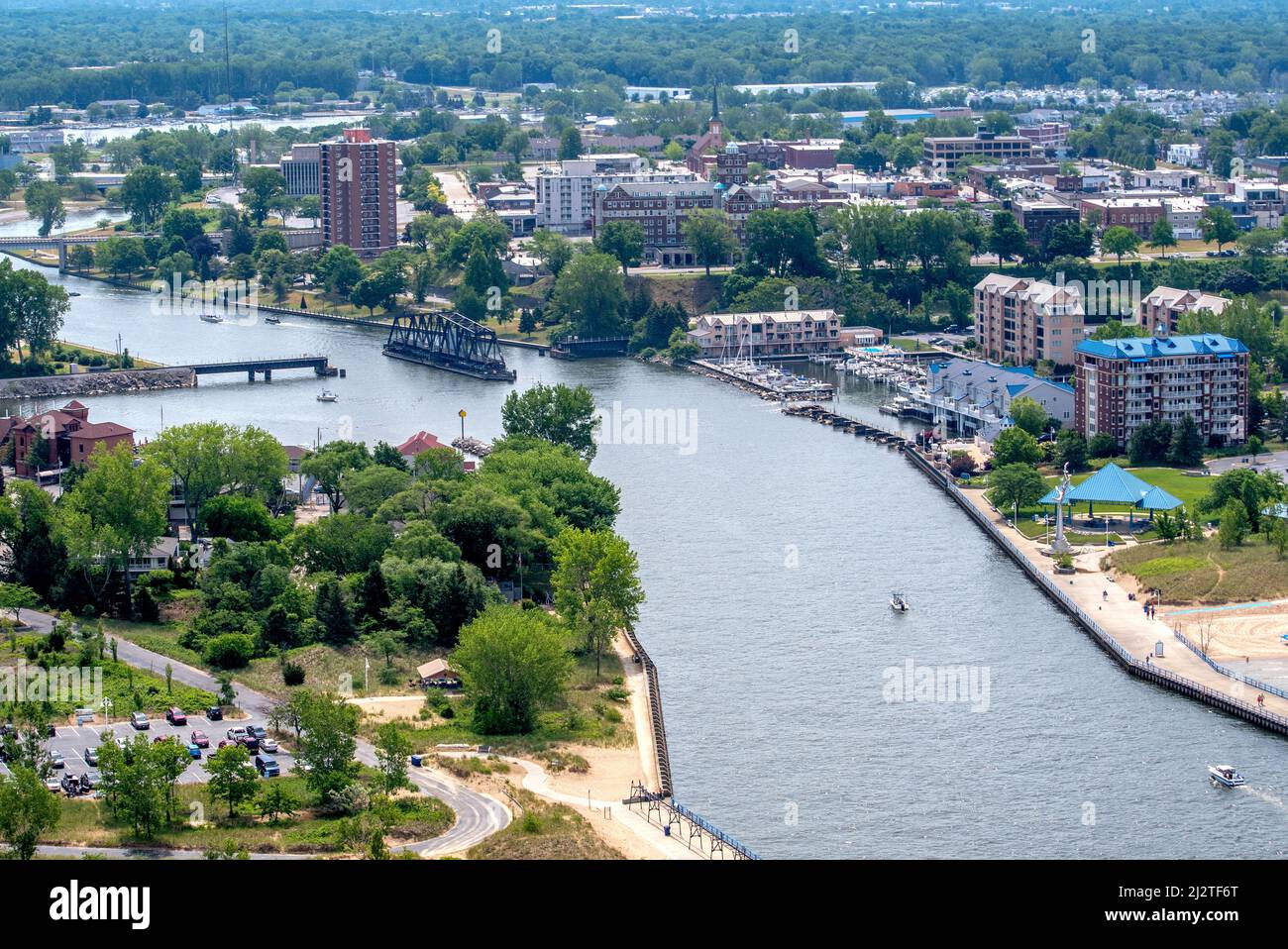 An ariel view from a helicopter over St Joseph michigan, shows the town ...