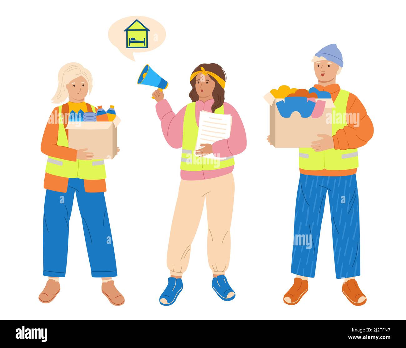 Volunteers with donations, assistance resettlement volunteering concept ...