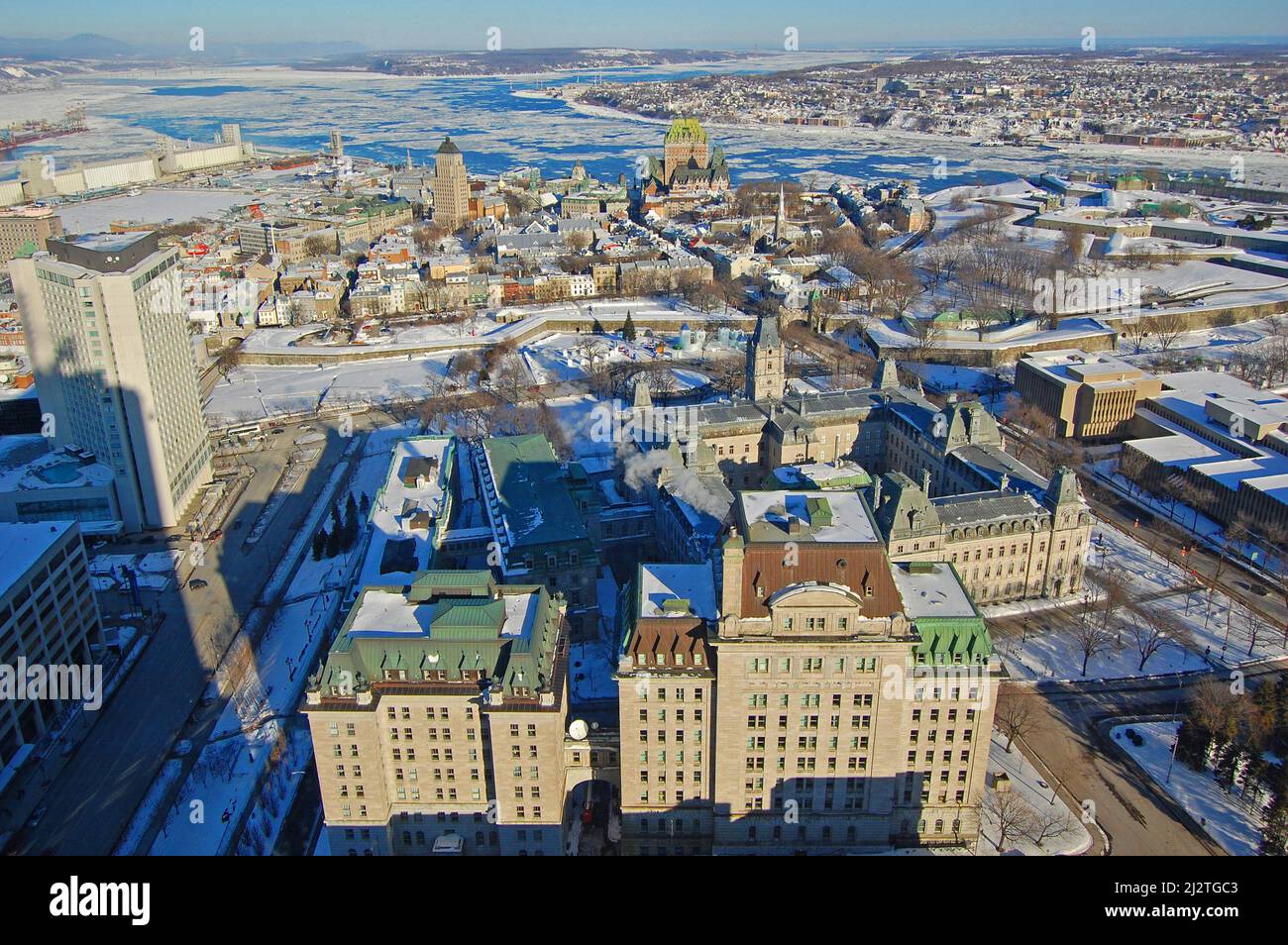 Aerial view of Chateau Frontenac, Edifice Price building and Parliament ...