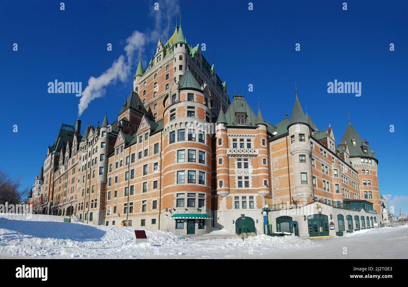 Chateau Frontenac in winter. This building is a historic castle built ...