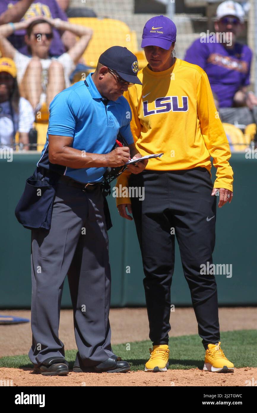 Baton Rouge, LA, USA. 3rd Apr, 2022. LSU Head Coach Beth Torina makes a ...