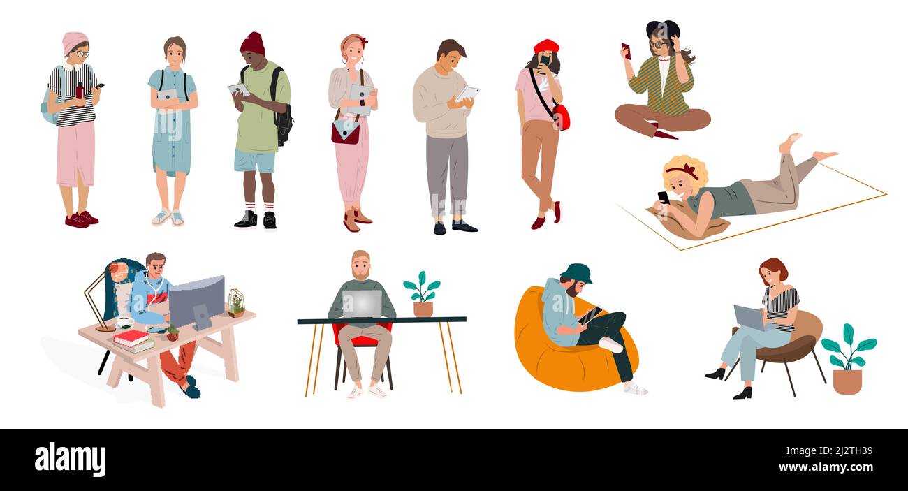 Students and young people use gadgets in different places Stock Vector ...
