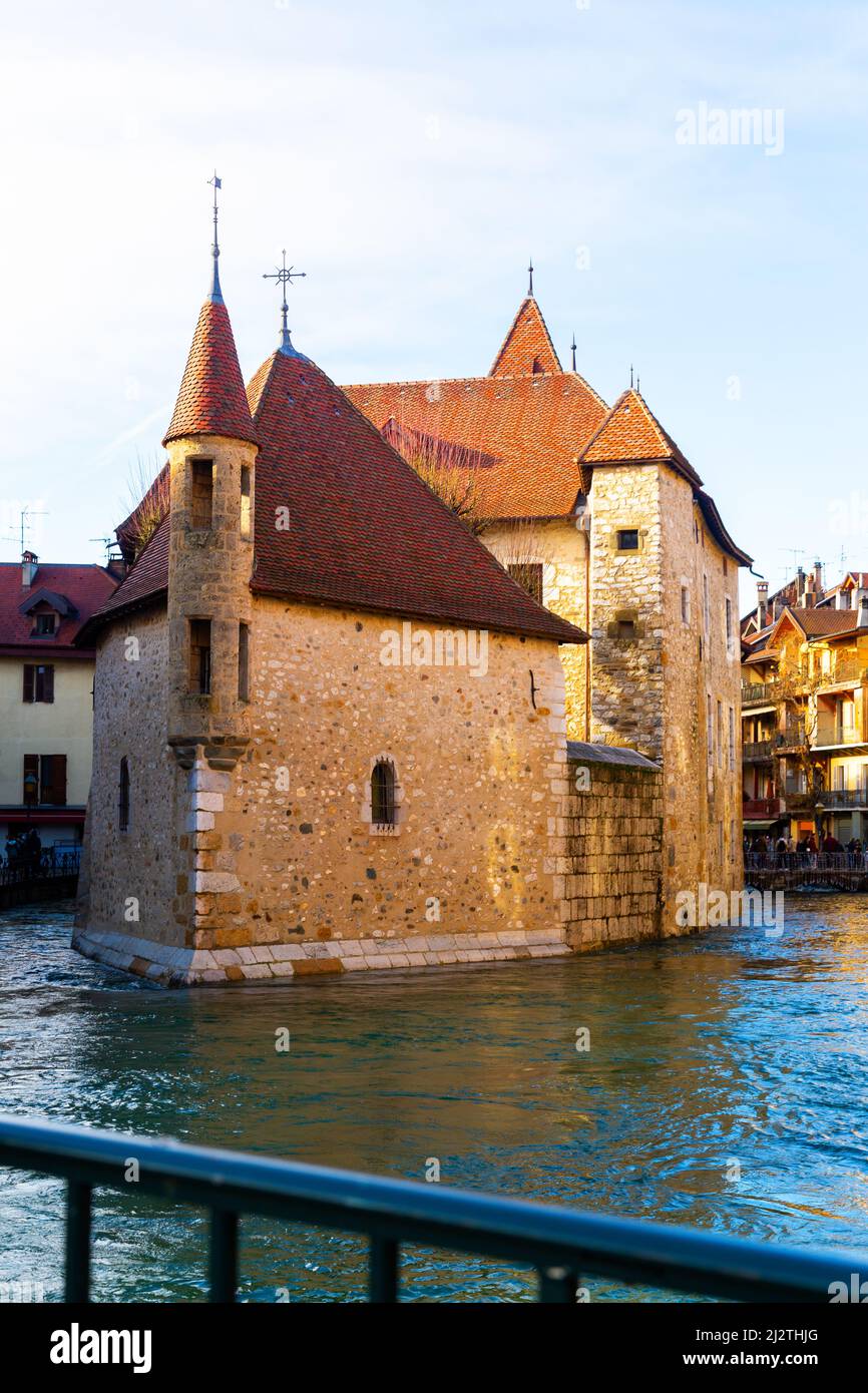 Annecy old town cityscape and Thiou river view and bridge Stock Photo ...