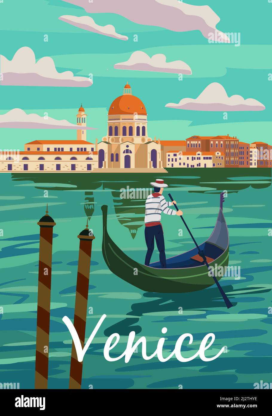 Venice Italia Poster retro style. Grand Canal, gondolier, architecture ...