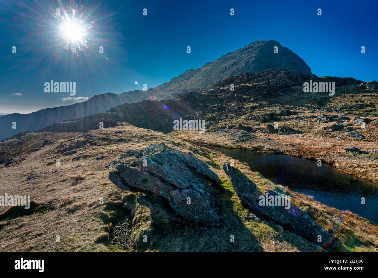 Backlit scene,Snowdonia National Park,sunny weather in mid-March ...