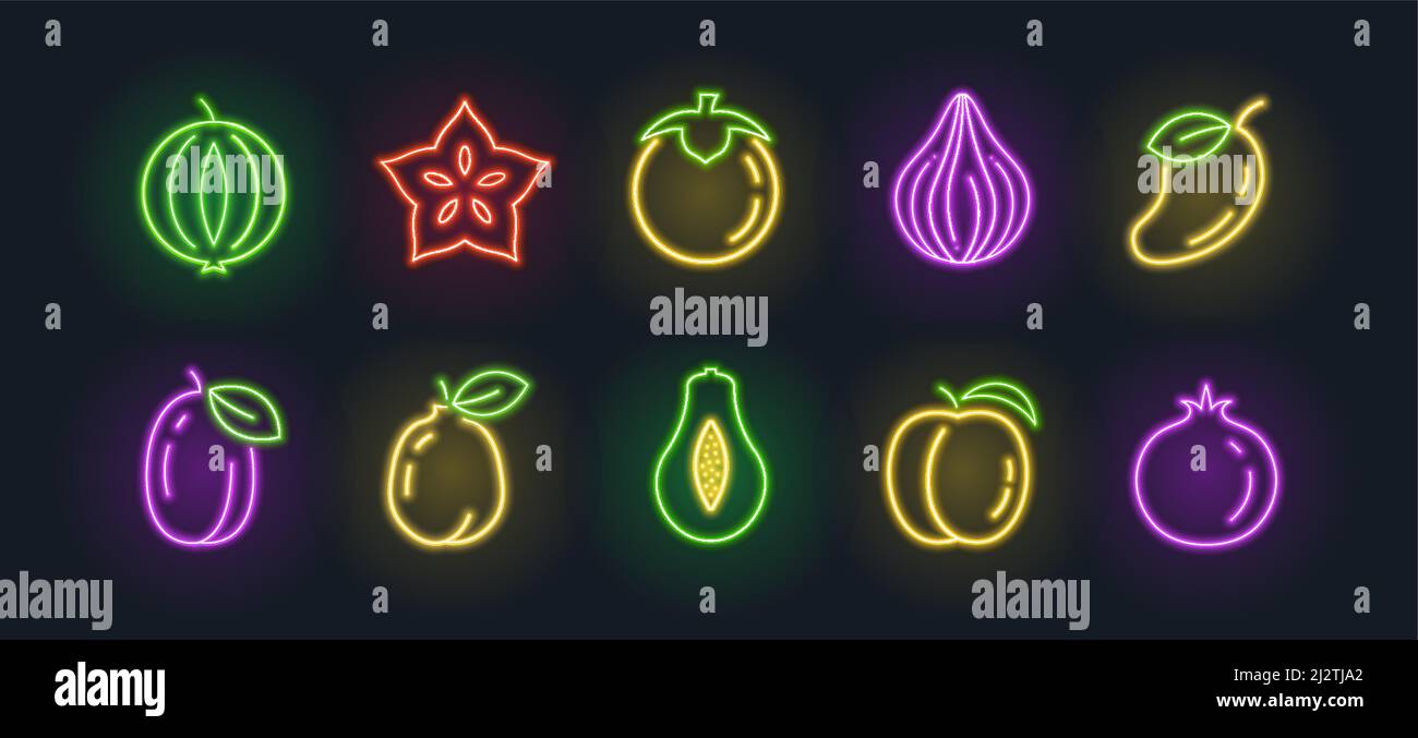 Neon fruit icon mango guava fig food. Vector neon fruits sign isolated ...