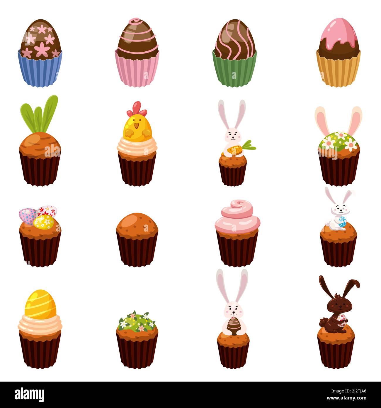Set of Easter sweets eggs, cupcake, bird, bunny, candies, cake ...