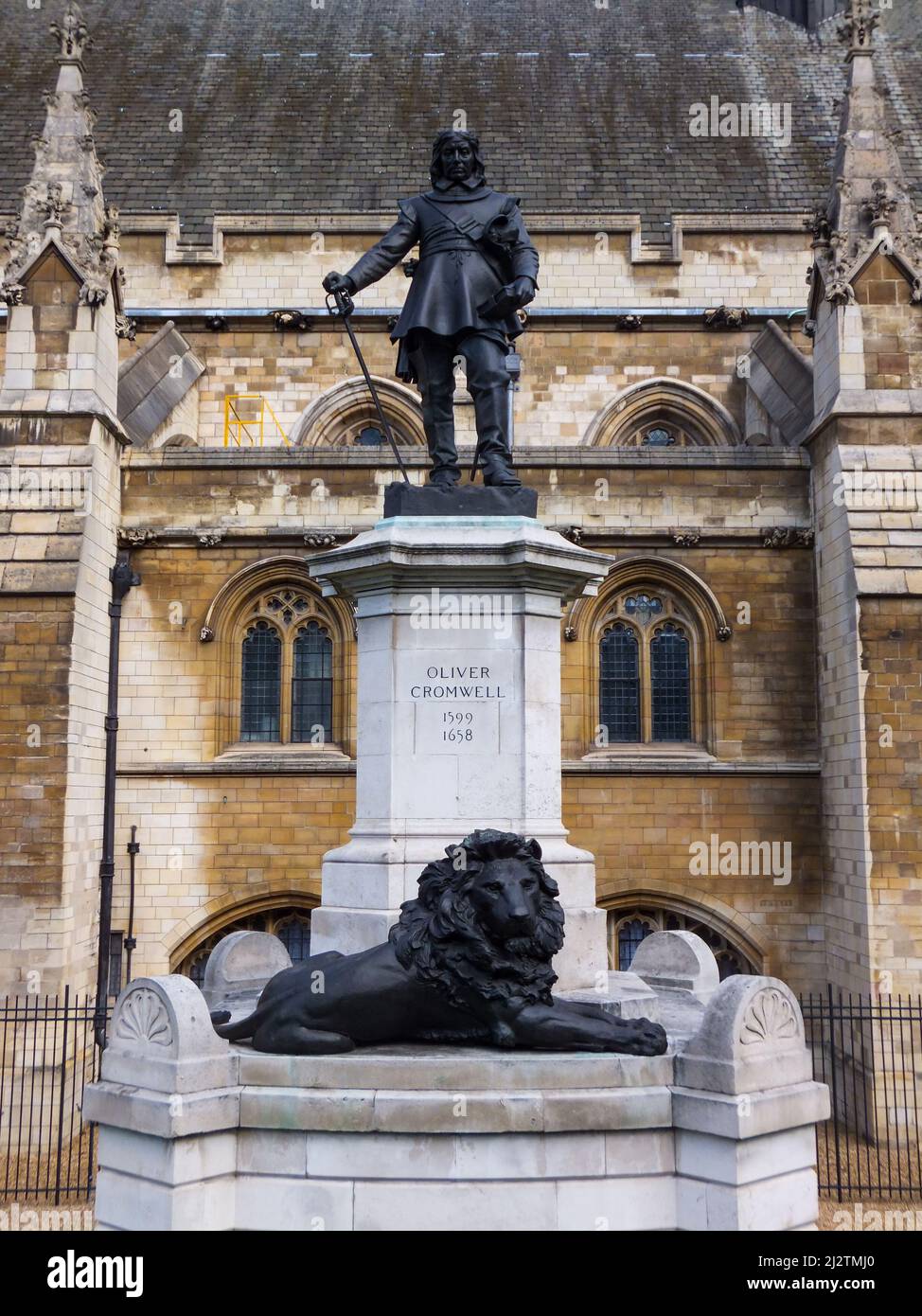 Bronze statues of Lord Protector Oliver Cromwell and a lion by Sir William Hamo Thornycroft ...