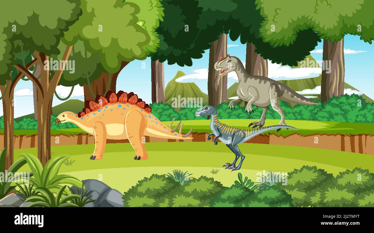 Prehistoric forest with dinosaur cartoon illustration Stock Vector ...