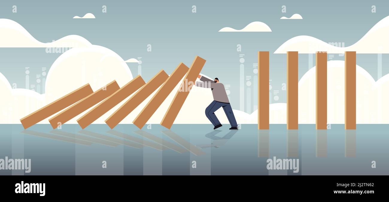 stressed businessman stopping domino effect crisis management chain ...