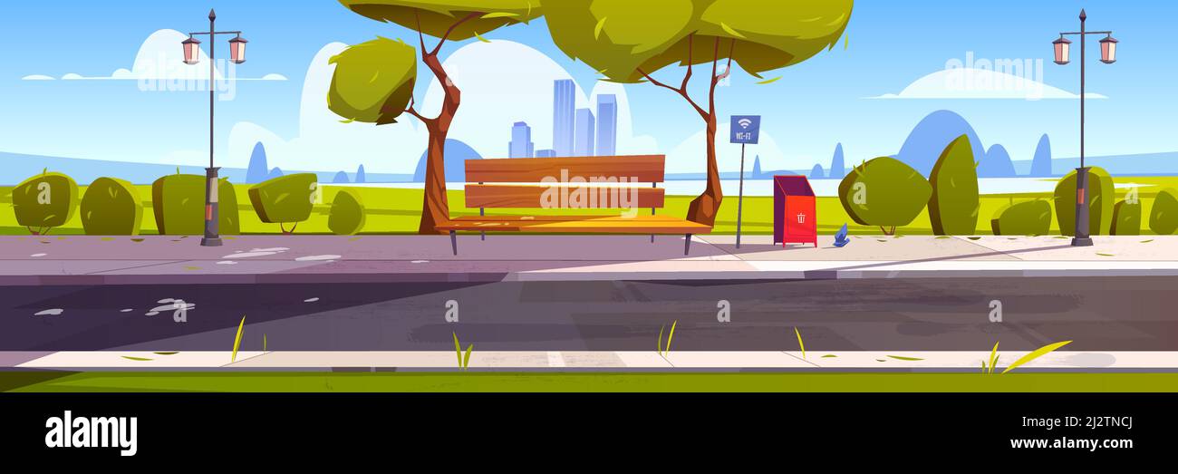 Bench with free wifi in park, outdoor place with hotspot public access ...