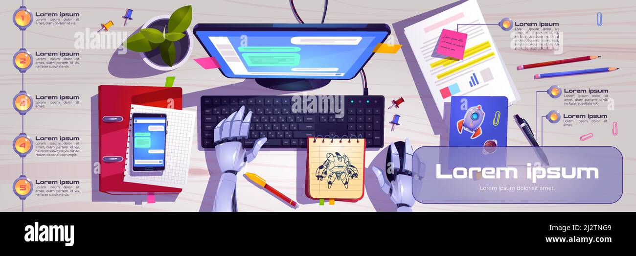 Workspace with robot hands working on computer keyboard top view. Infographics banner with ai ...