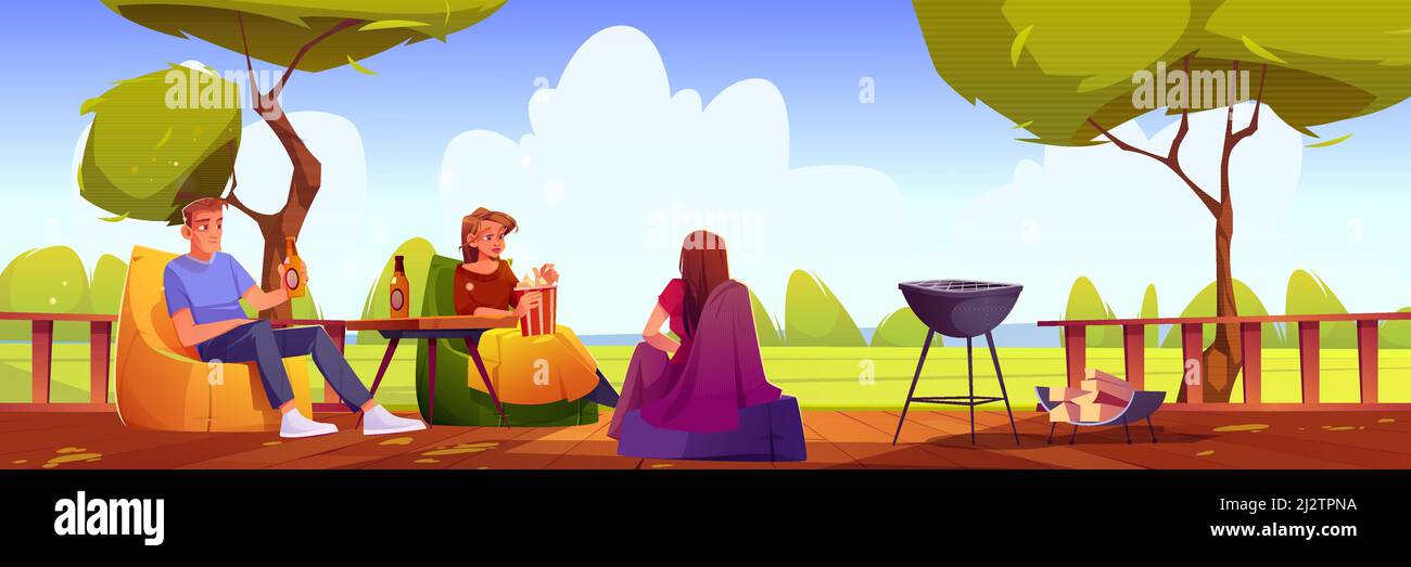 People rest on wooden terrace with popcorn, beer, and bbq. Vector ...