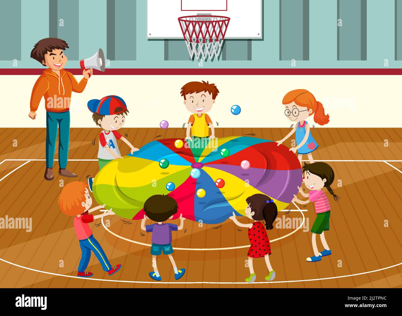 Kids doing physical activity with colourful balls illustration Stock ...
