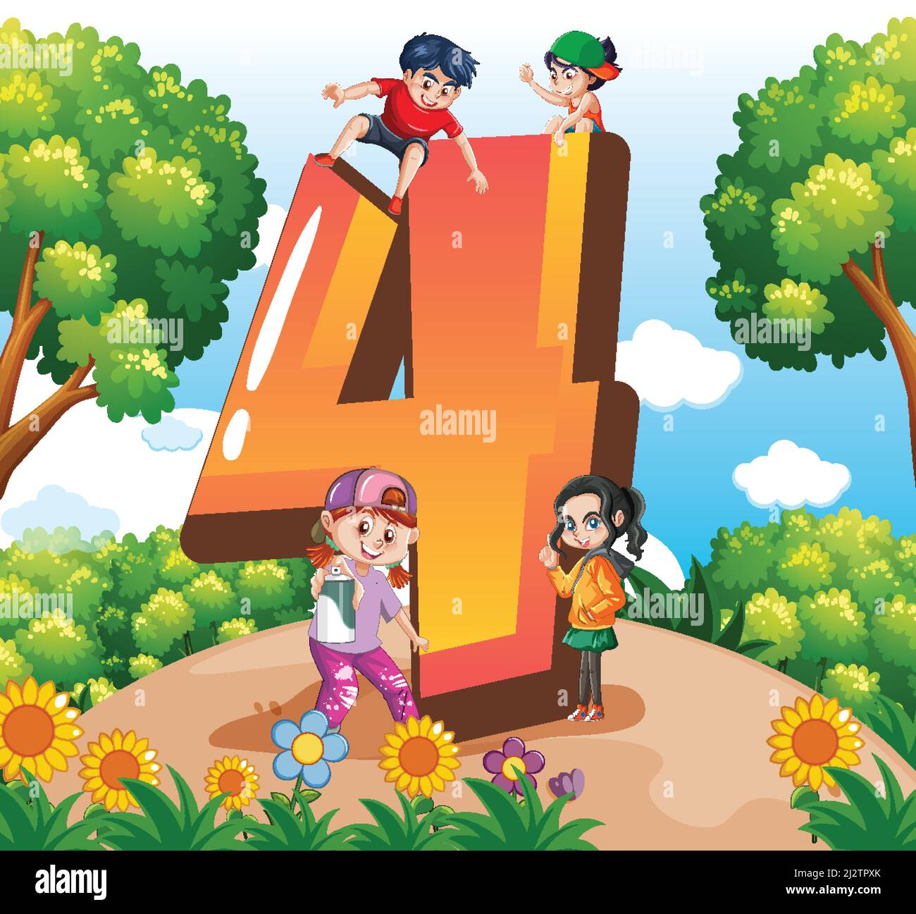 Four kids with number four cartoon illustration Stock Vector Image ...
