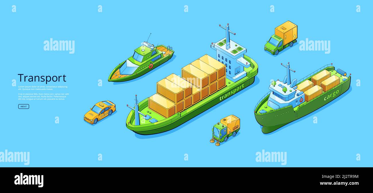 Transport banner with sweeper, truck, cargo ships, taxi and yacht ...