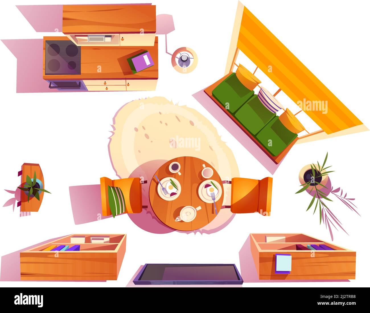 Set of living or dining room with kitchen furniture and stuff top view ...