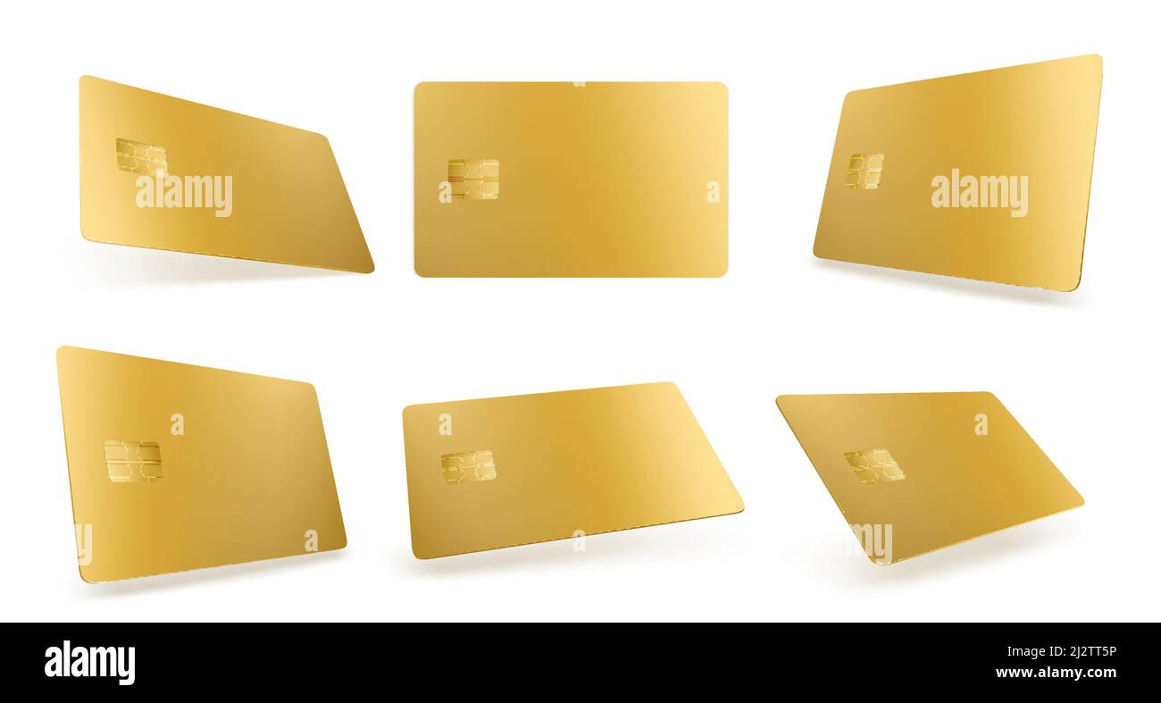 Gold credit card mockup, isolated golden blank template with chip on ...
