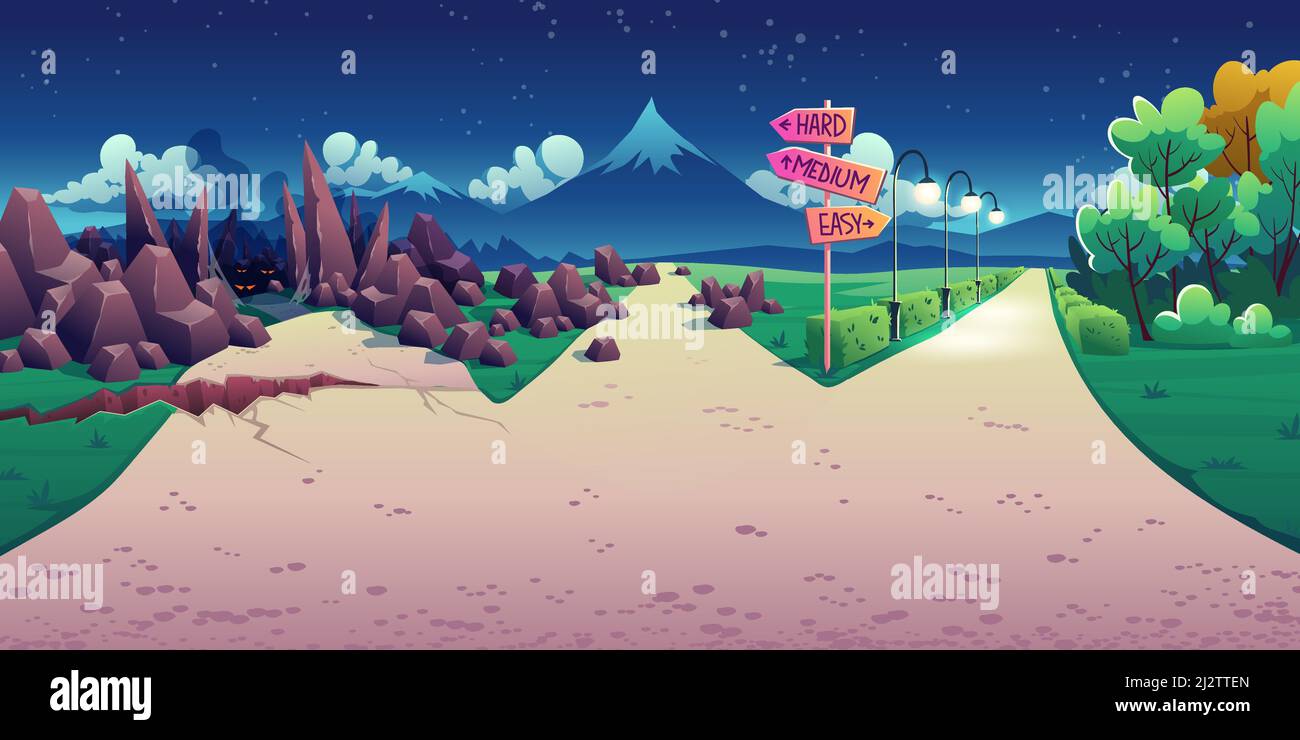 Concept of choice between hard, easy and medium way. Vector cartoon ...