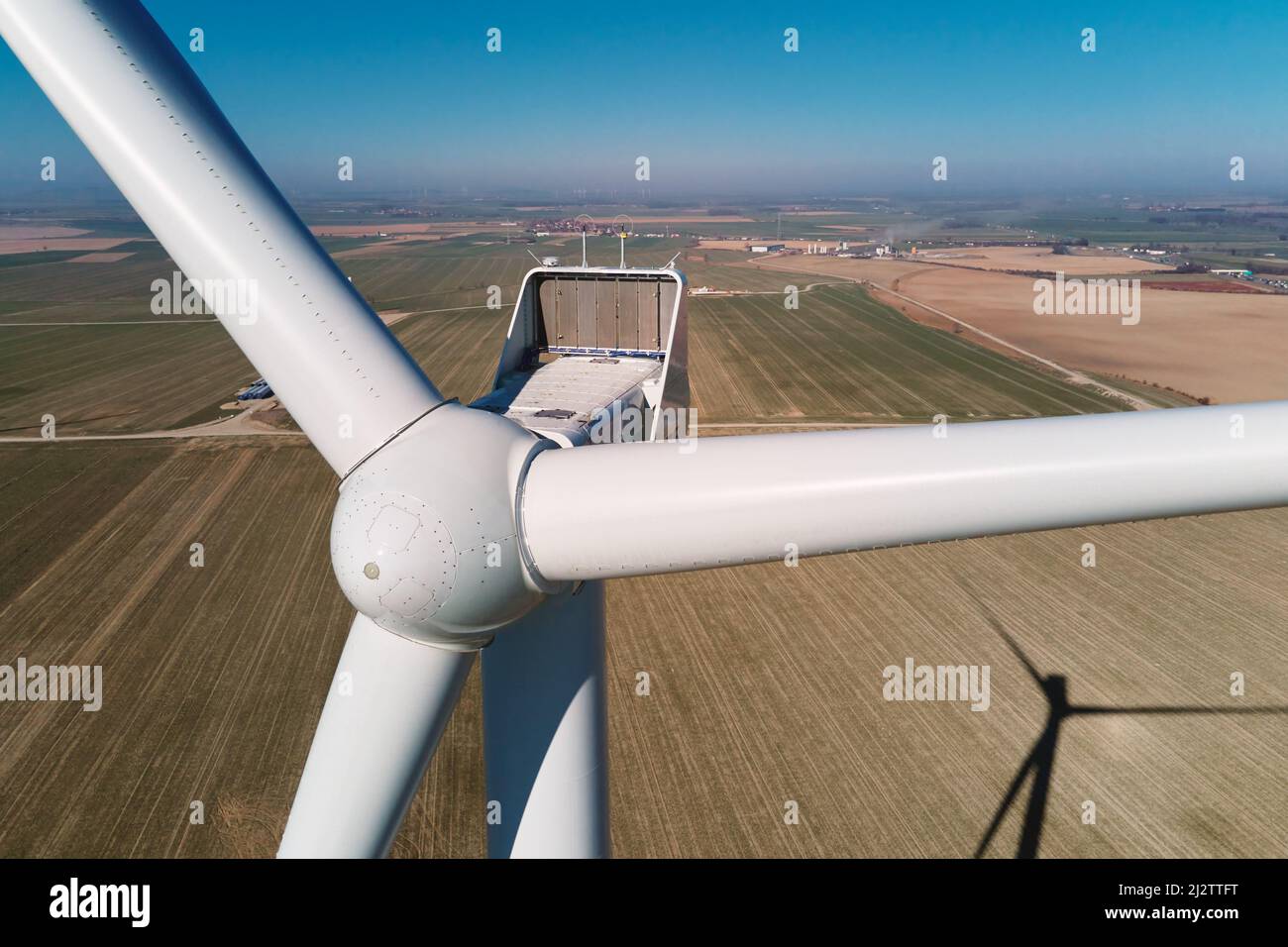 Aerial view of close up windmill turbine in countryside area, Wind ...