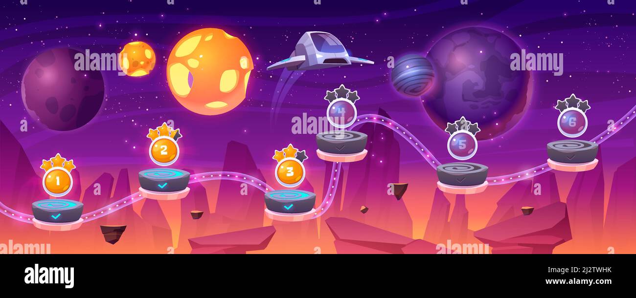 Space game level map with spaceship and alien planets, cartoon 2d gui ...