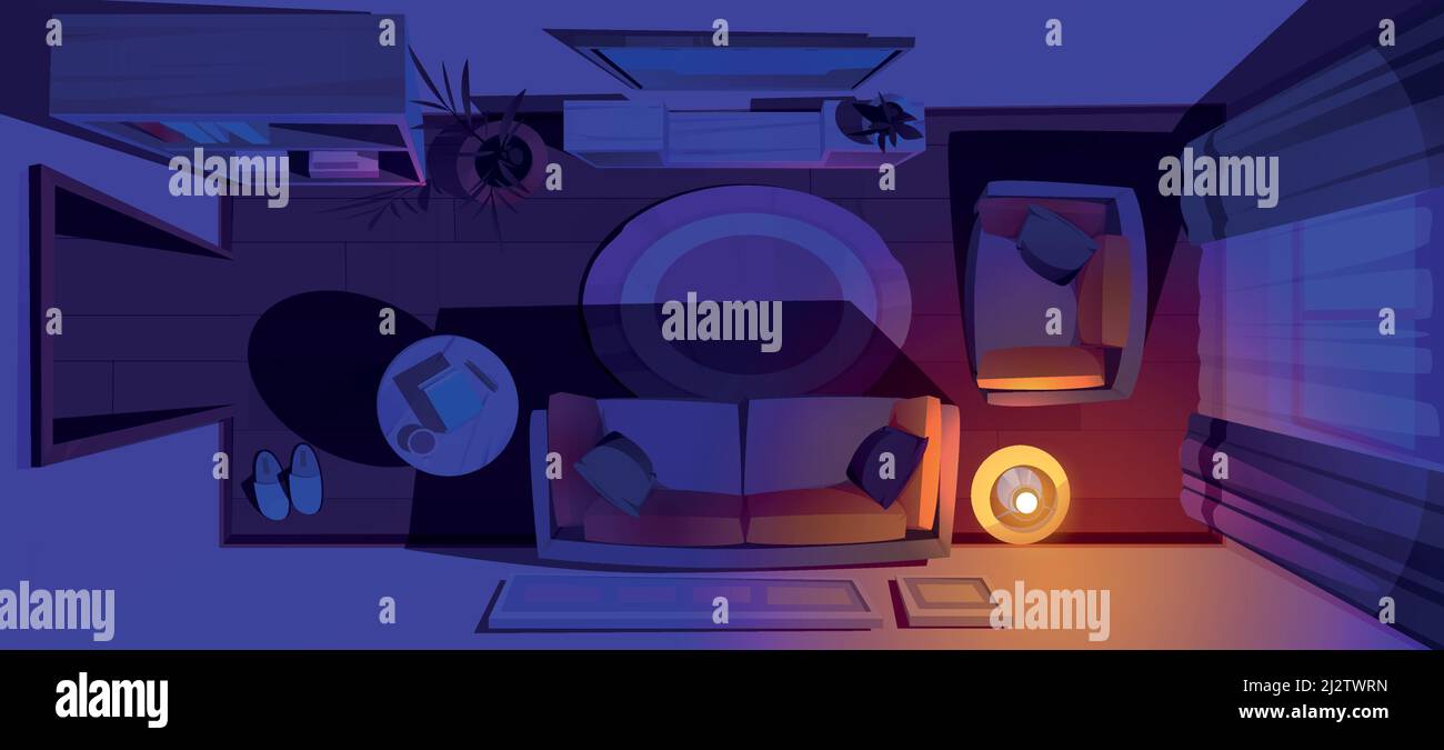 Top view of living room with sofa, chair, tv on wall, and bookcases at ...