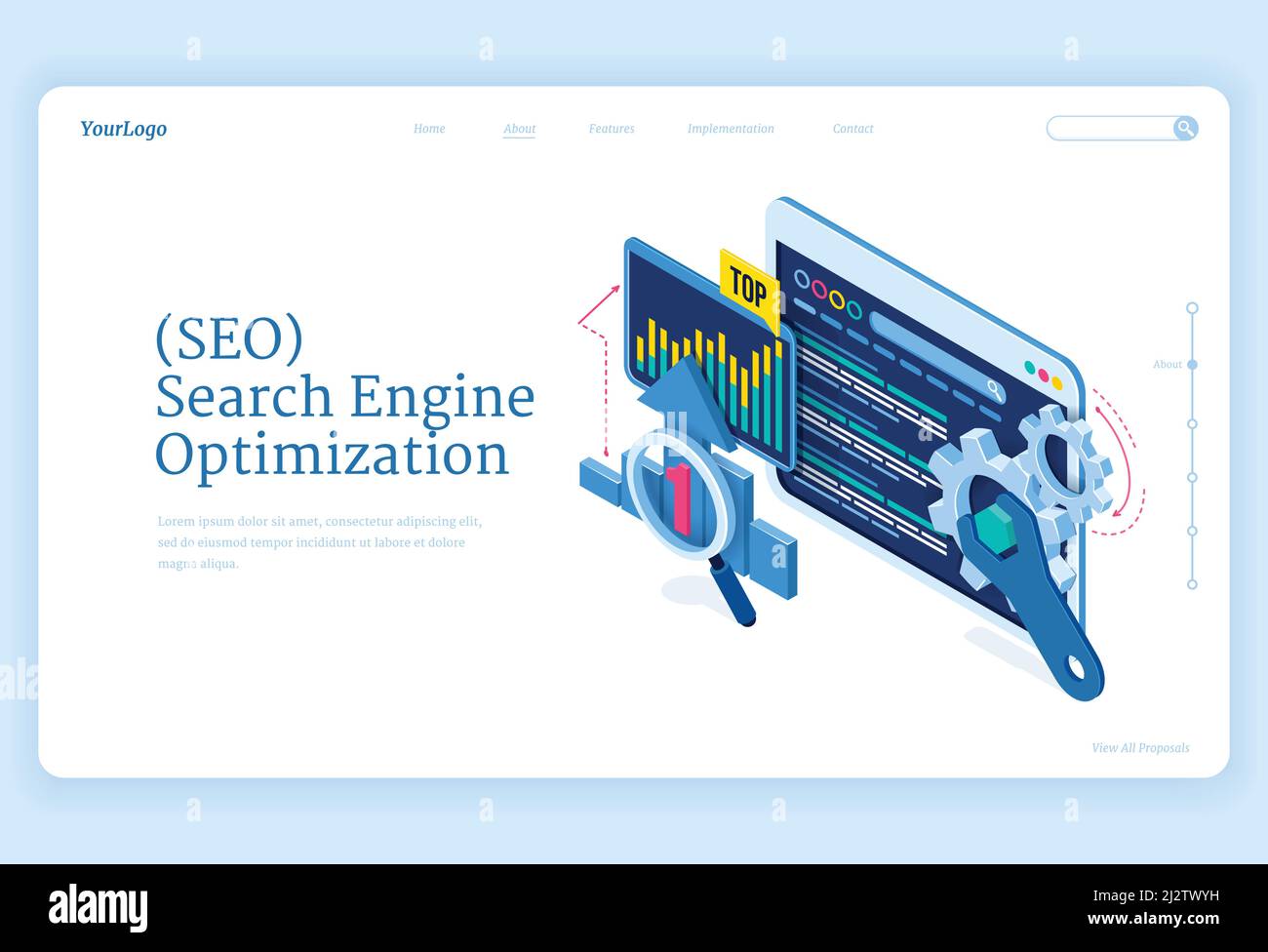 SEO search engine optimization isometric landing page. Technology for ...