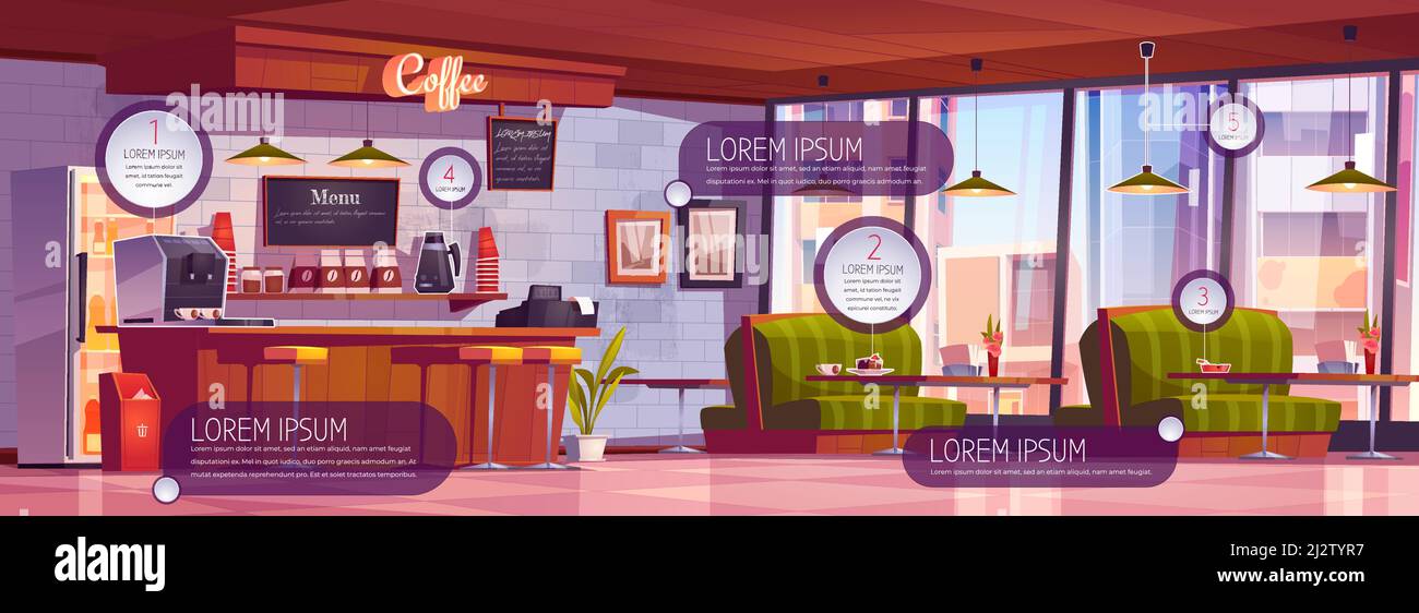 Coffee shop interior with infographic elements. Vector cartoon ...