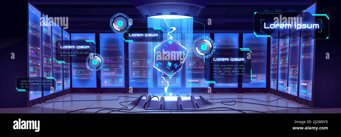 Vector infographic background with cartoon interior of future data ...