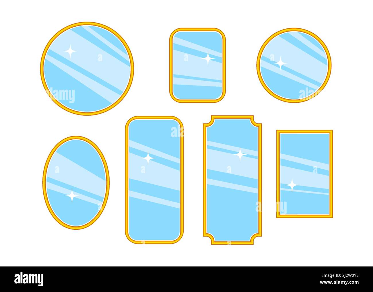 Set of different gold shiny cartoon mirrors with reflection in ...