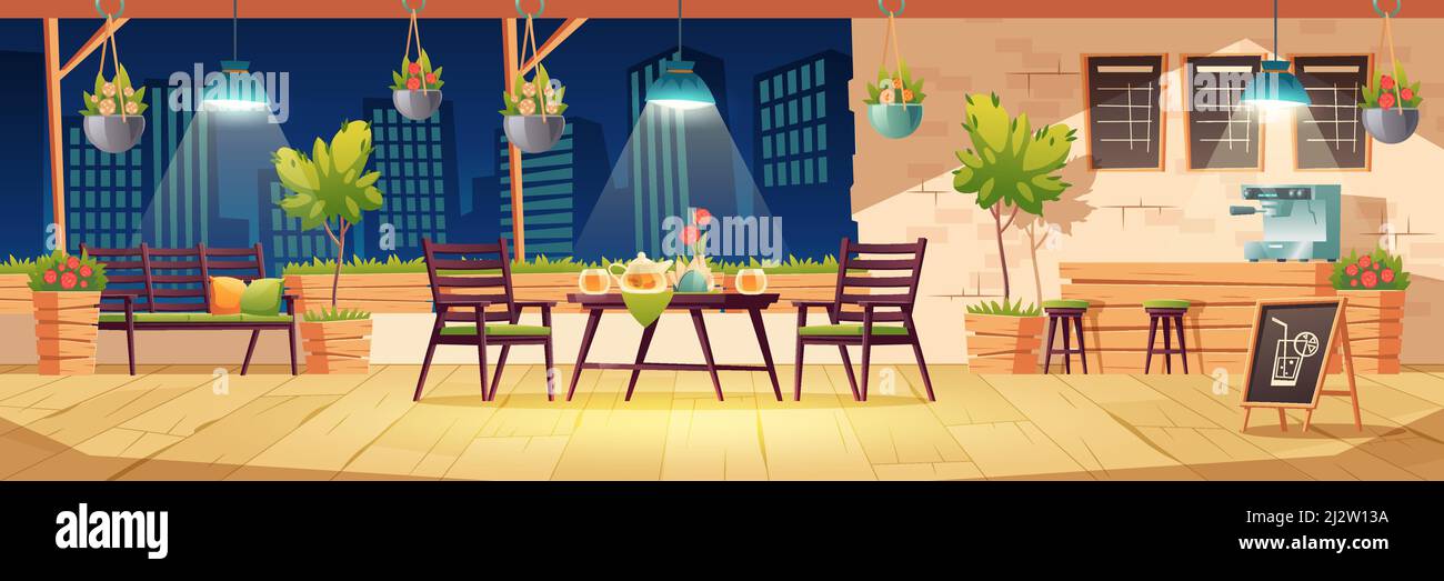 Summer terrace, night outdoor city cafe, coffeehouse with wooden table ...