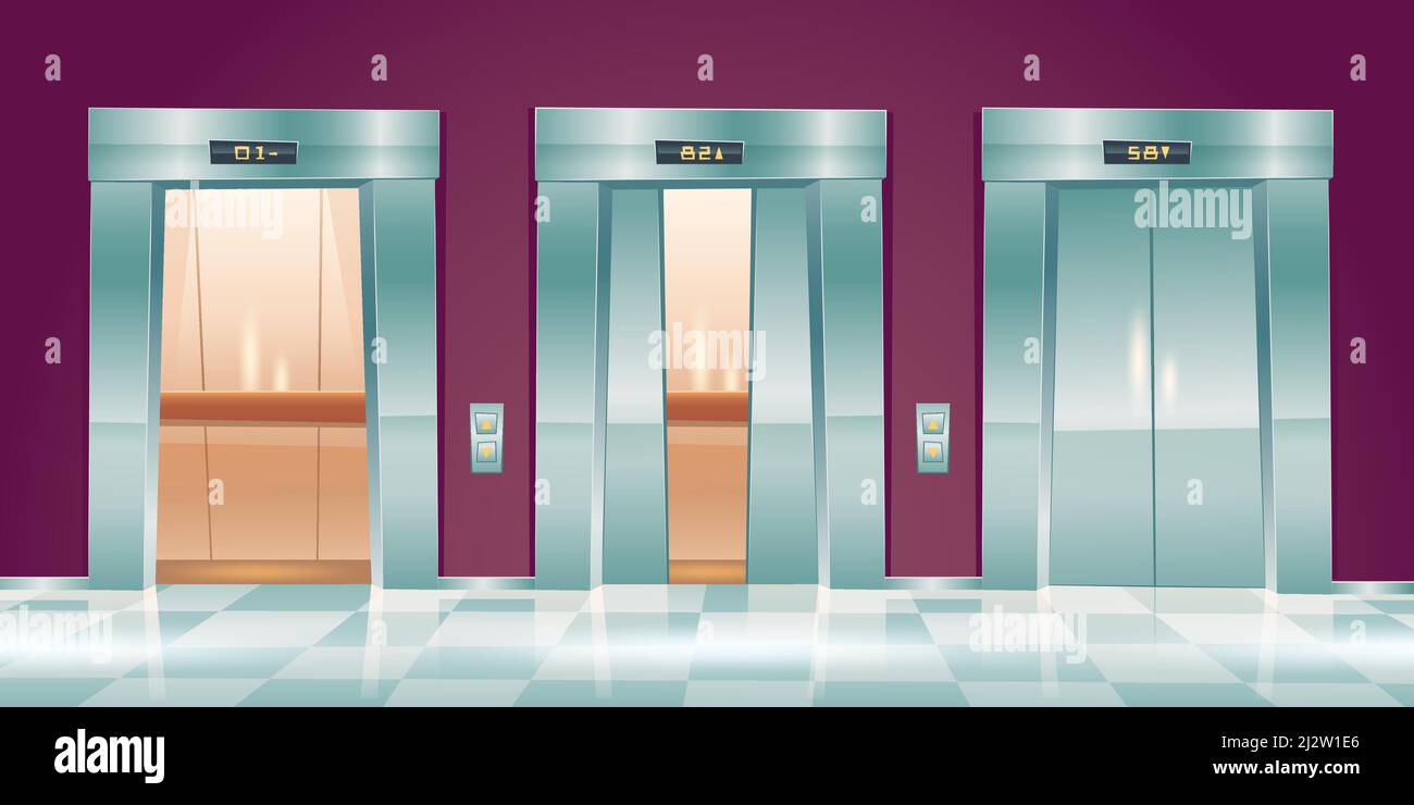Cartoon lift doors, empty elevators in office hallway with closed ...