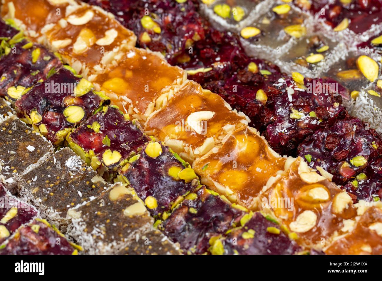 Close-up of fruit flavored Turkish delights. Delight of traditional ...