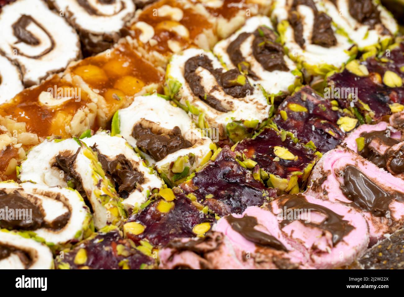Turkish delight varieties with filling in close-up. Delight of ...