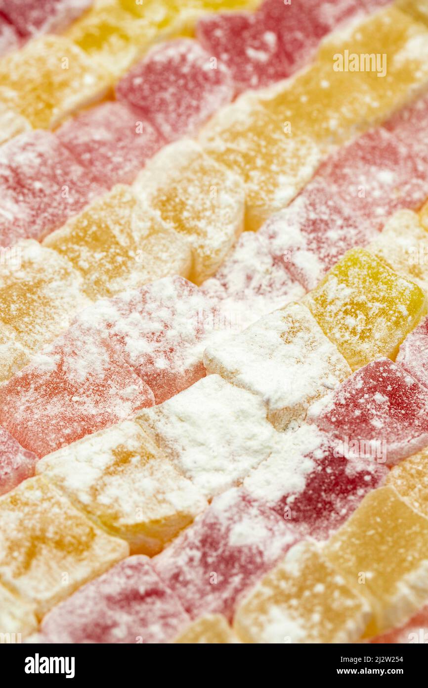 Close-up of fruit flavored Turkish delights. Delight of traditional ...