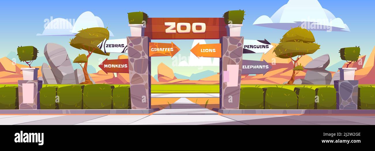 Zoo gates with pointers to wild animals cages monkeys, zebras, giraffes ...