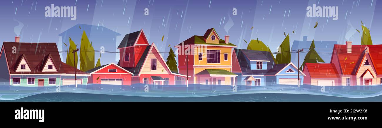 Flood in town, river water stream flow at city street with cottage ...