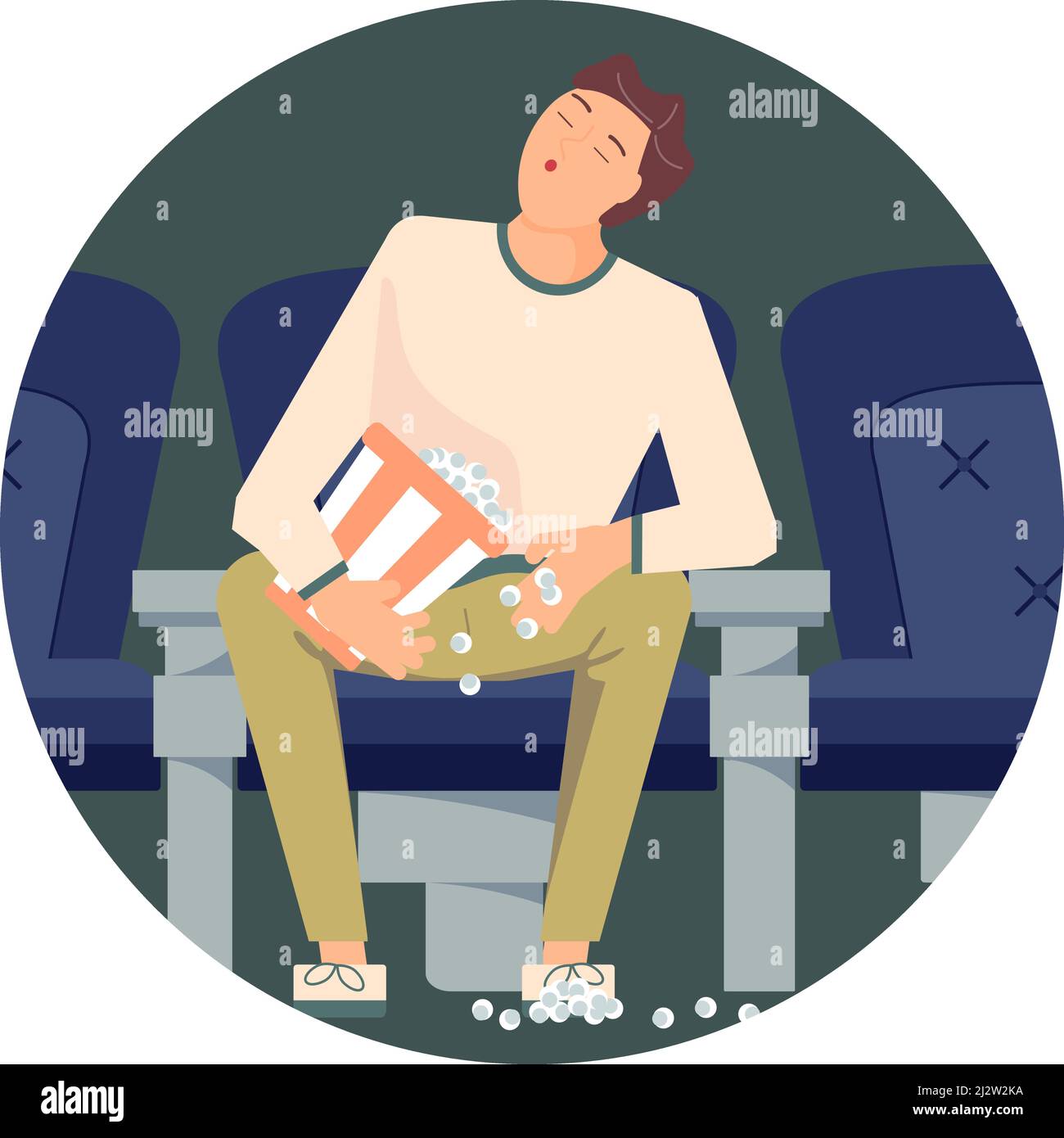 Round template with Tired man sitting in the cinema and sleeping Stock ...