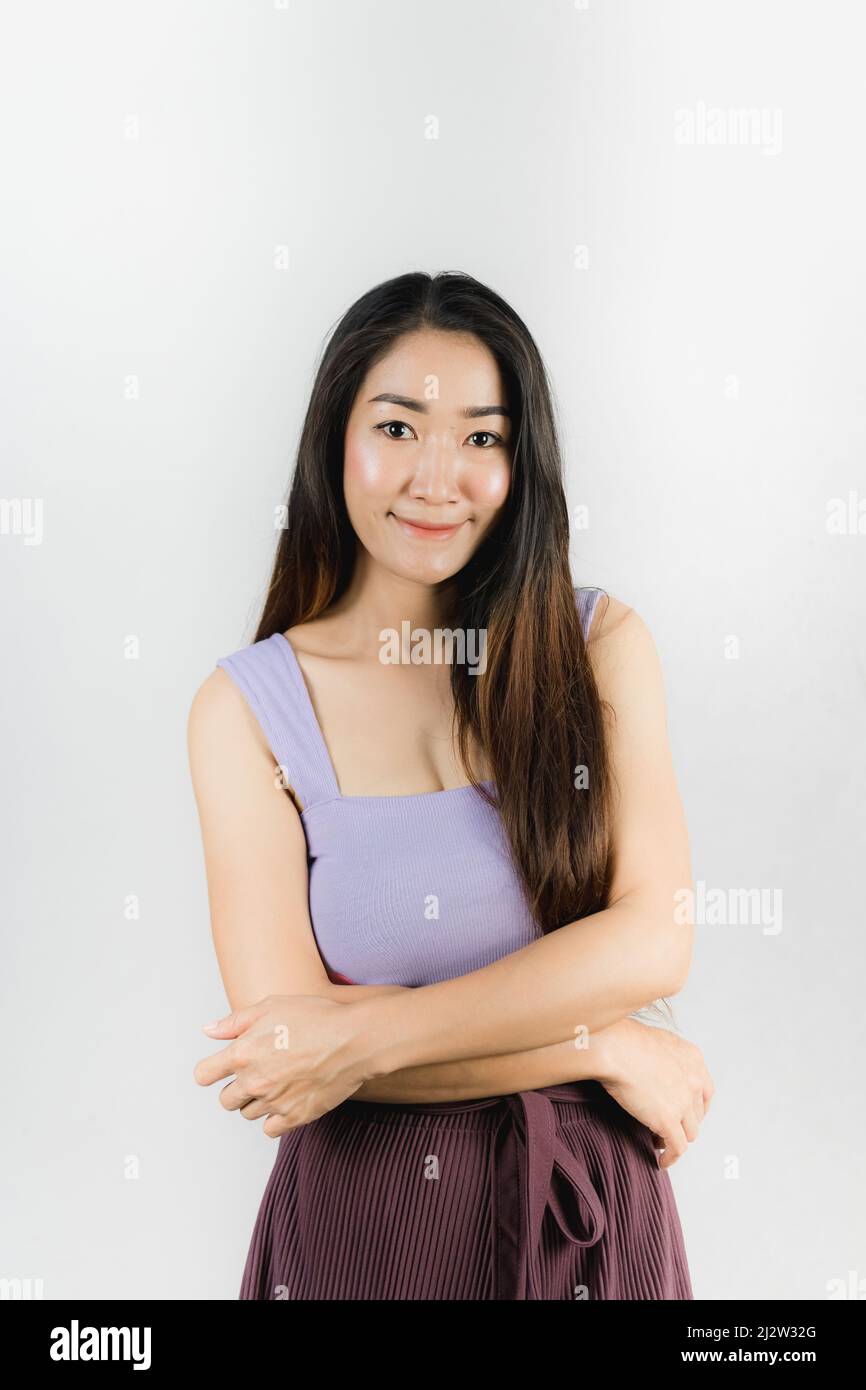 Asian young woman happy smile wearing a purple single line dress on ...