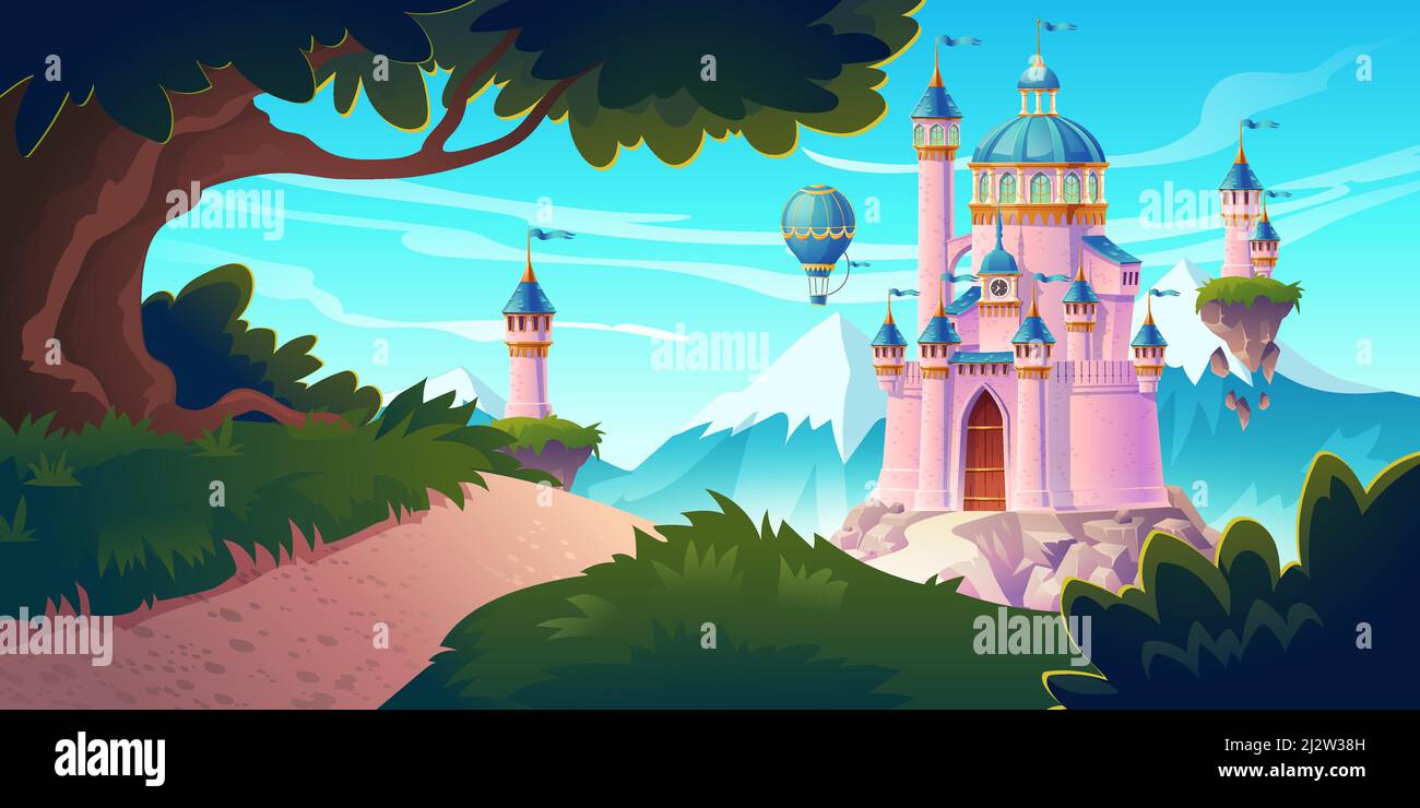 Pink magic castle, princess or fairy palace at mountains with rocky ...